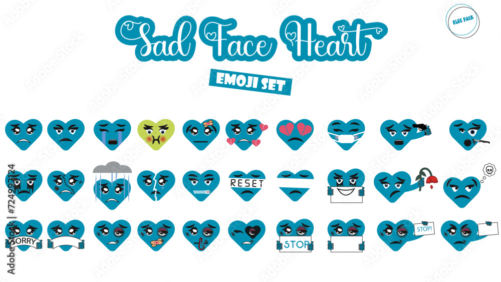Set of emoji sad heart. Blue heart collection isolated on white ...