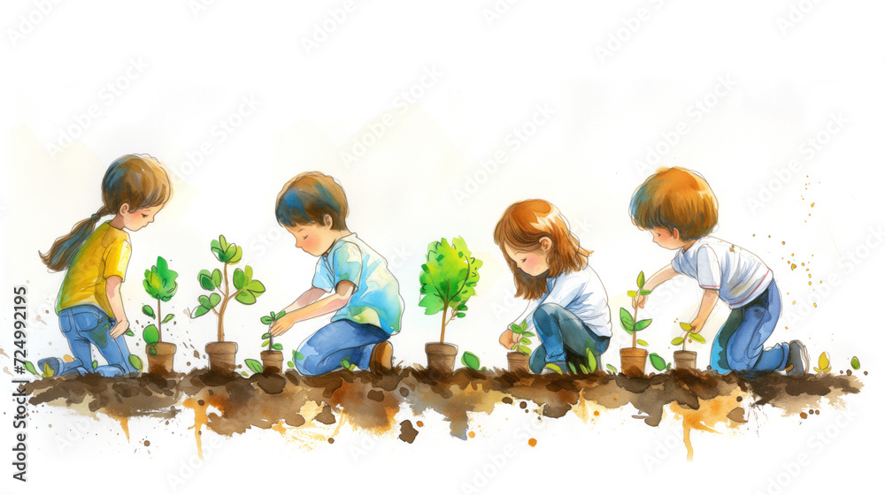 The concept of Earth Day. Cartoon characters planting seedlings and ...