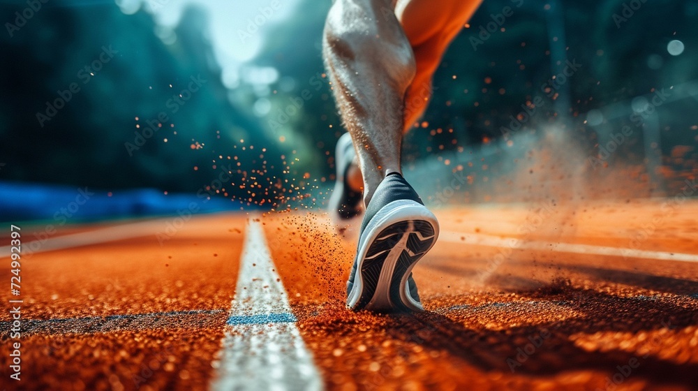An athlete running on a track, captured mid-stride with intense ...