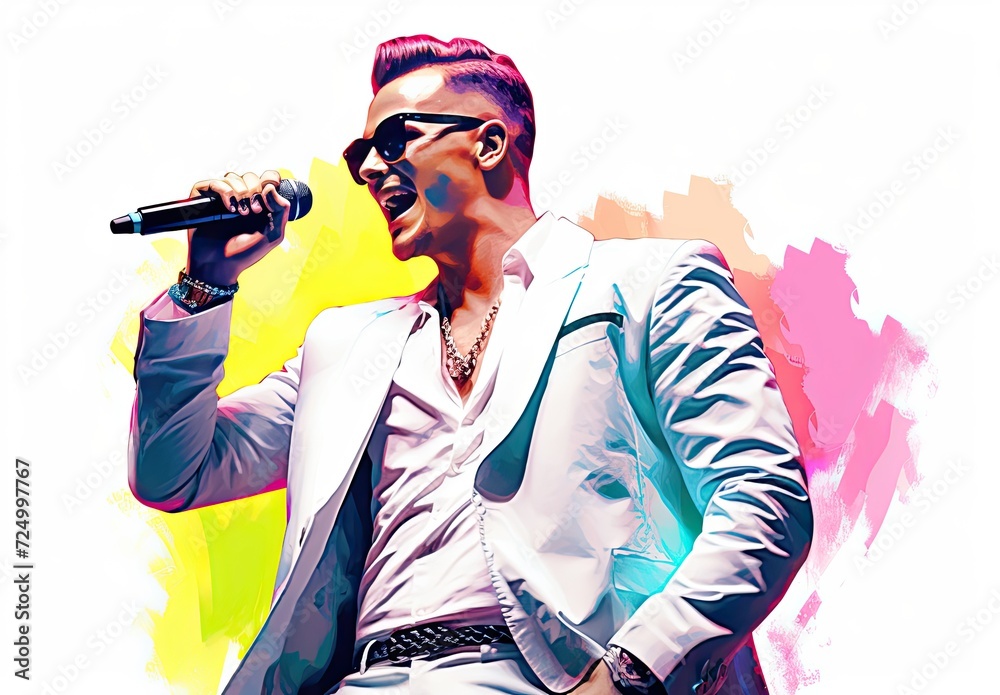 Singing male soloist with a microphone. Portrait of the vocalist ...