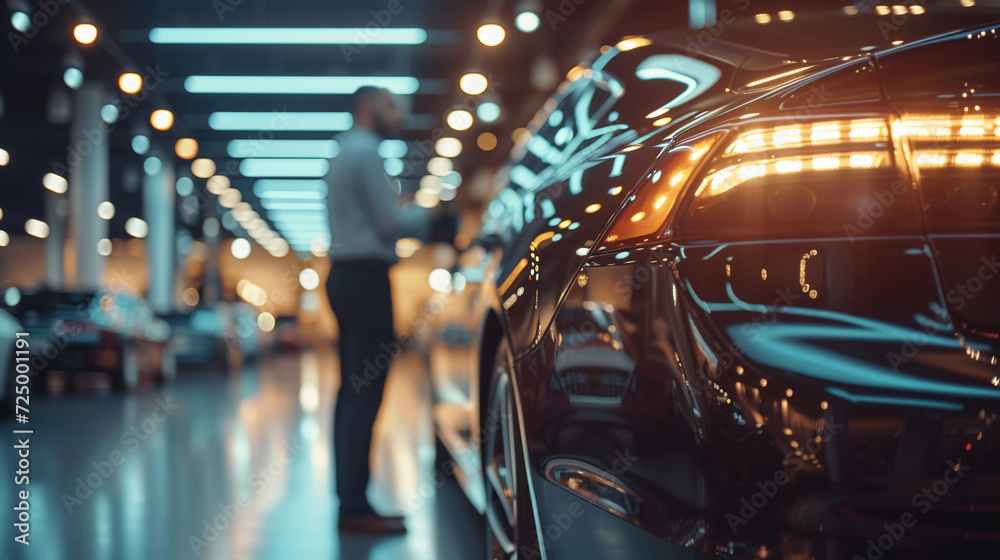customer at a car dealership, examining a shiny, latest model car under ...