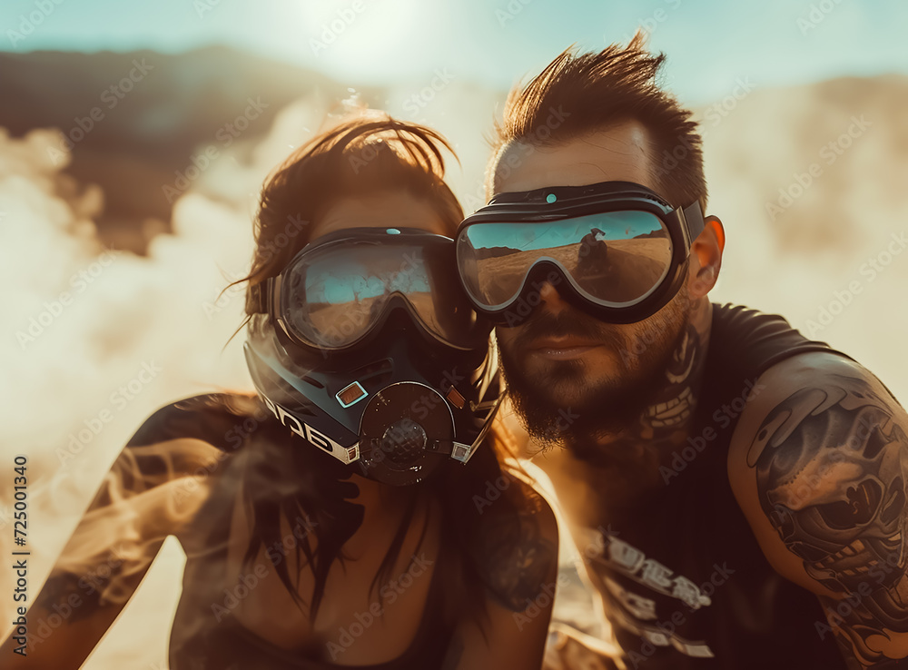 Dusty Day at desert Safari, fashion models wearing goggle mask, Stock ...