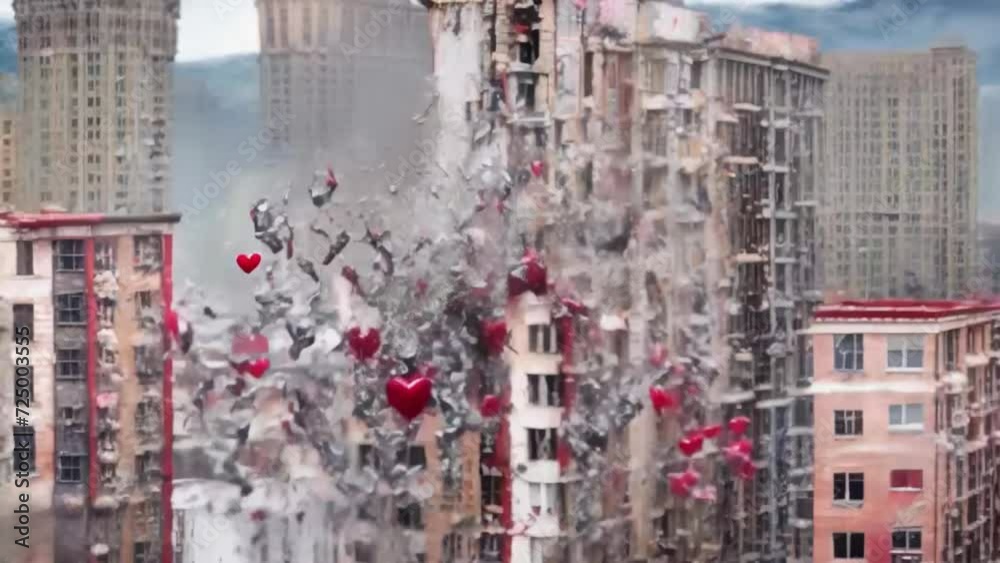 Vidéo Stock Exploding skyscraper and hearts falling in the rubble ...