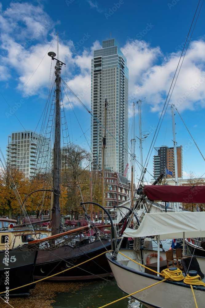 Vertical view of historic ships in the Scheepvaartkwartier (shipping ...