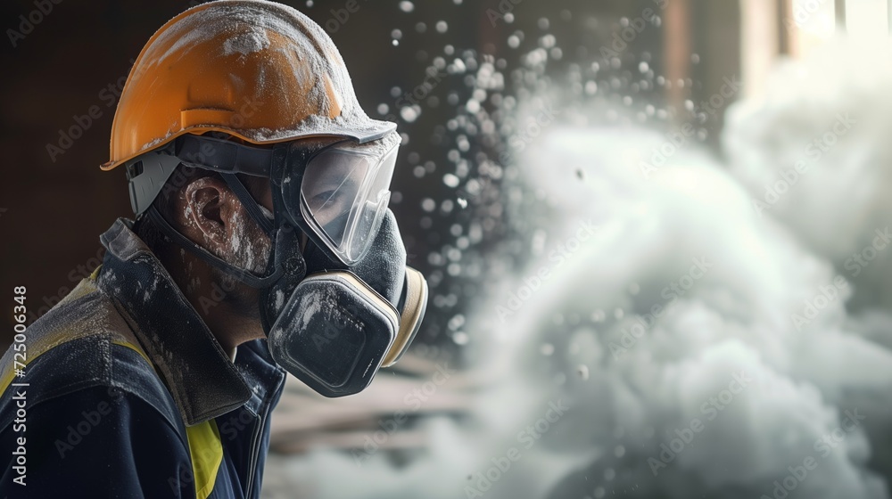 Professional construction worker wearing a high-grade dust mask ...