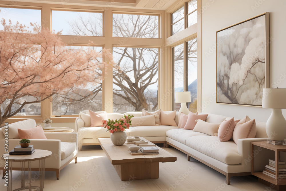 Modern living room interior design in peach fuzz colors. Living room ...