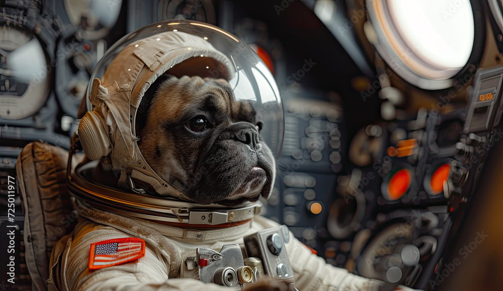 Captain Dog in an astronaut costume sits at the control panel in a ...