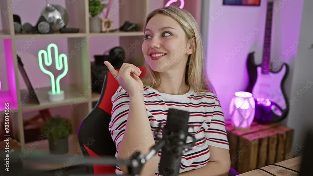 Attractive young blonde lady, a passionate streamer, pointing to the ...