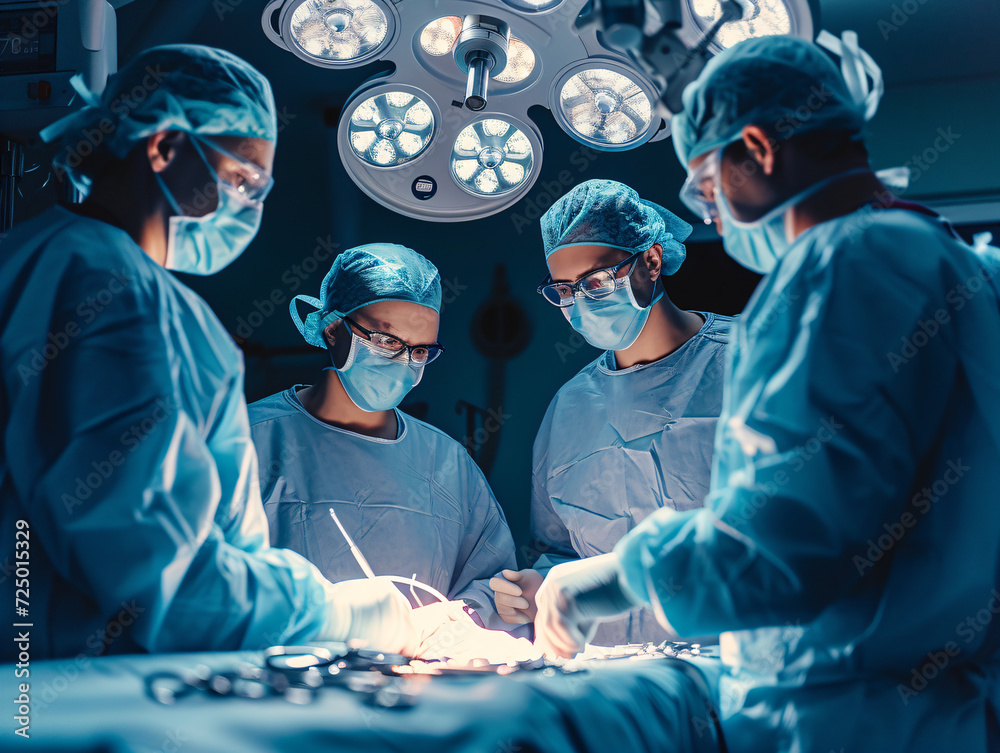 Surgical team performing operation in bright modern operating room ...