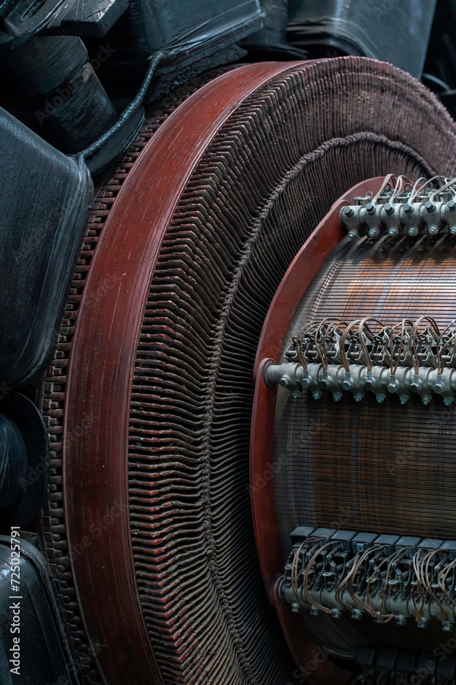 exposed inside powerful old electric engine. Vintage factory machinery ...