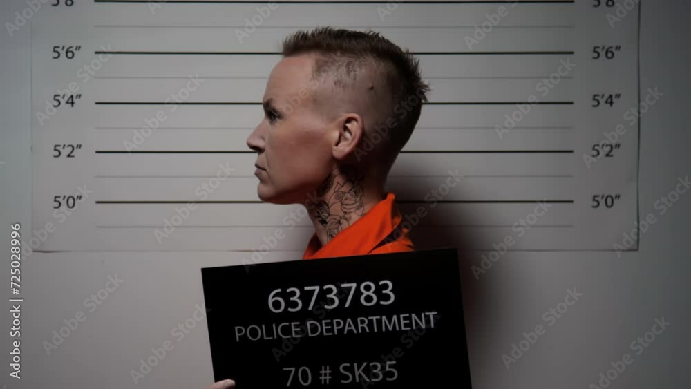 Short-haired woman with tattoo wearing orange jail uniform holding sign ...