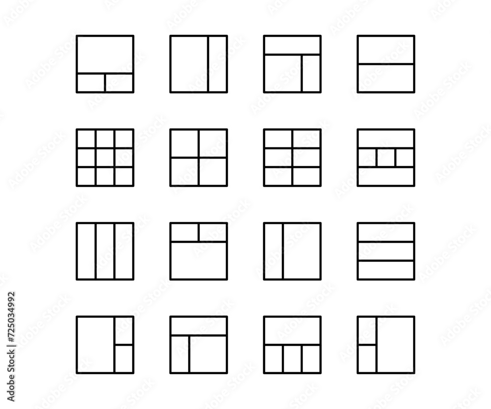 Vector black line icon set grid layout. Website element sign ...