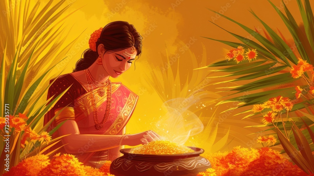 essence of the Pongal festival with a woman in a traditional silk saree ...