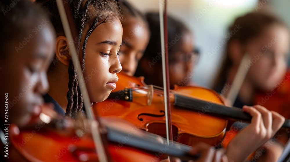 Diverse children at music class playing violin, the harmony of a music ...