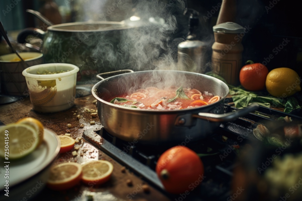 A pot of food cooking on a stove. This image can be used to represent ...