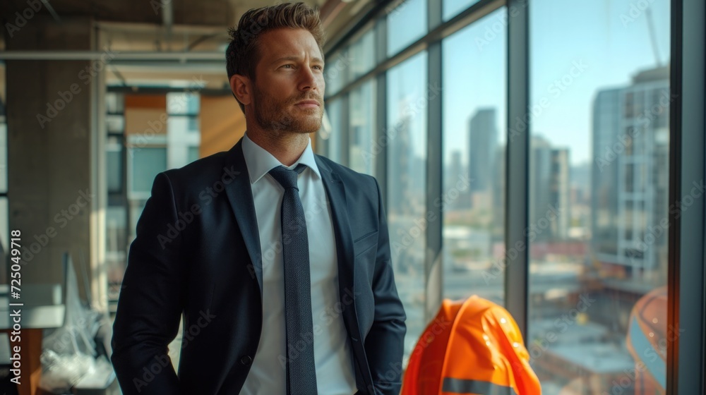 man in a navy blue suit standing in a modern office setting with ...
