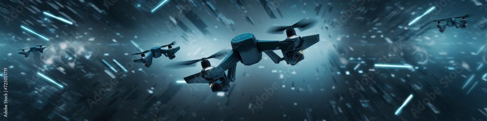 Banner background. Random pattern of drones flying through surreal ...