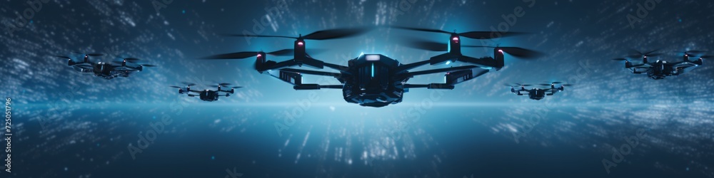 Banner background. Random pattern of drones flying through surreal ...