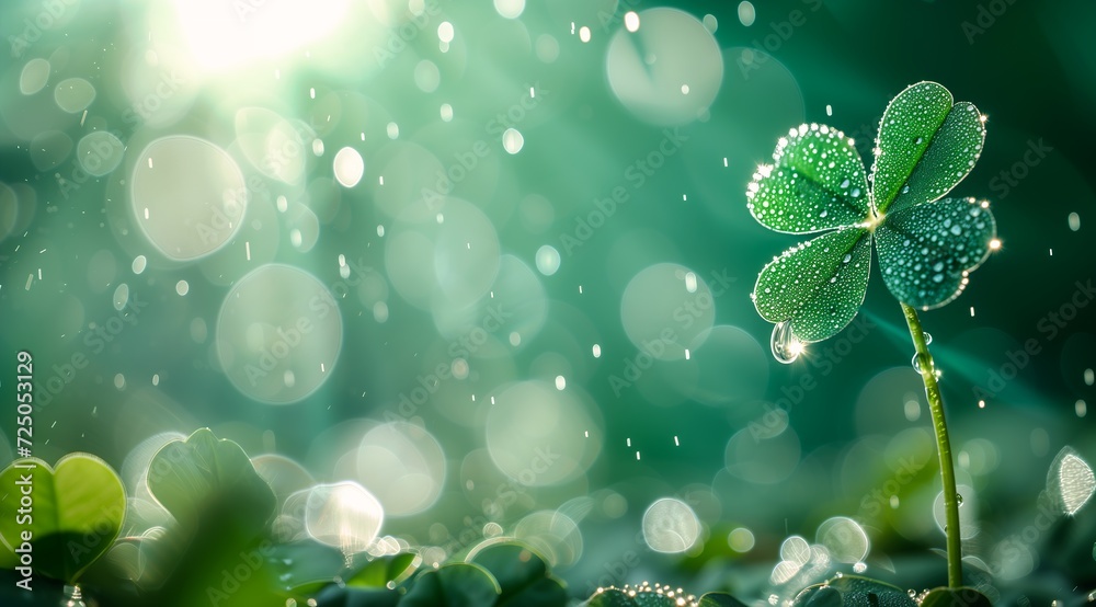 green clover deep droplets soft blur background light sun rays beams ...