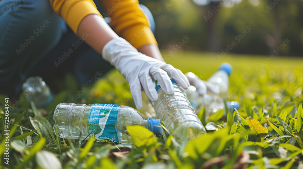 Une personne ramasse des déchets plastique dont des bouteilles dans un ...