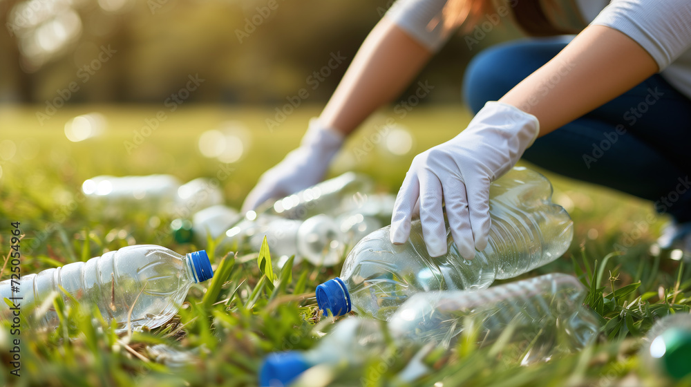 Une personne ramasse des déchets plastique dont des bouteilles dans un ...