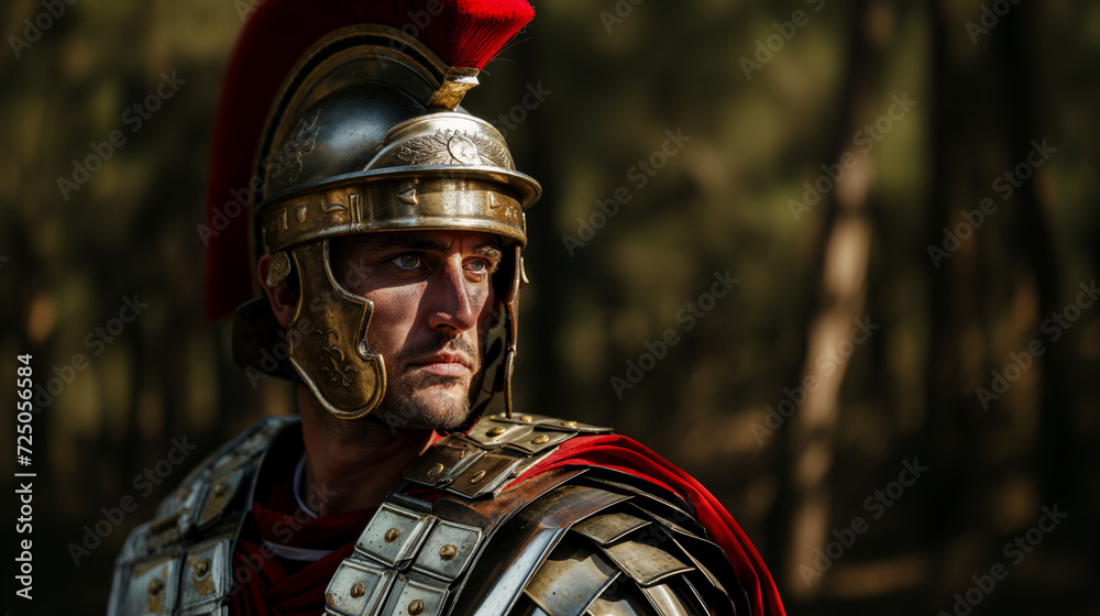 Man portraying ancient Roman soldier with detailed helmet and armor ...