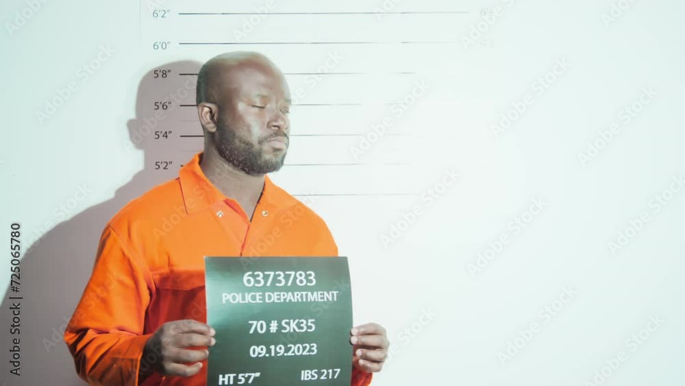 African American suspect in orange jail uniform standing against height ...