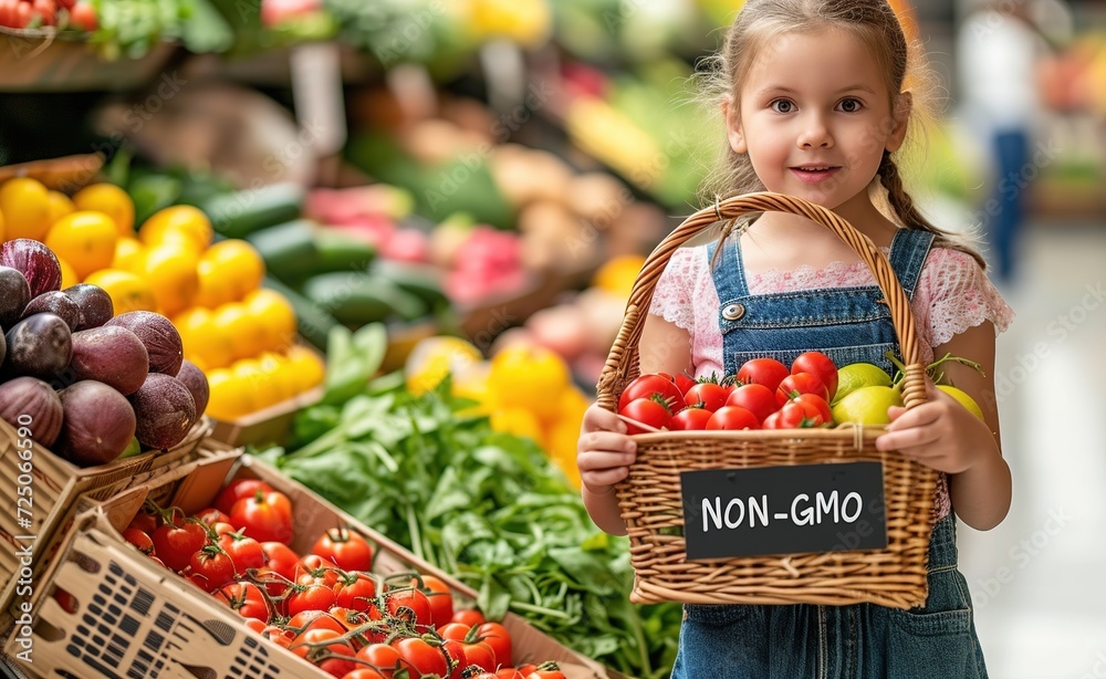 a little 10-year-old girl stands at the market with a basket of fruits ...