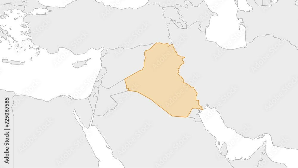 Iraq country map on the world map. Animation of map zoom in with border ...