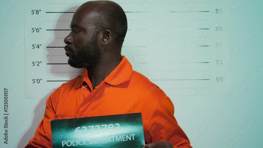 Suspected Black man in orange jail uniform posing with sign board ...