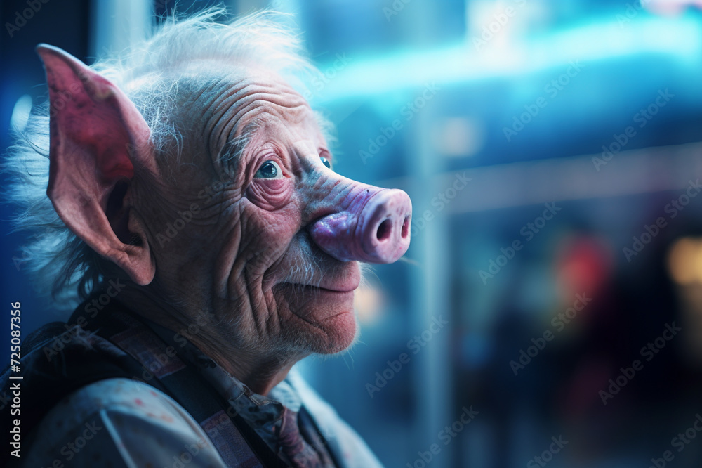 Funny pig-human hybrid creature in front of futuristic, blurred science ...