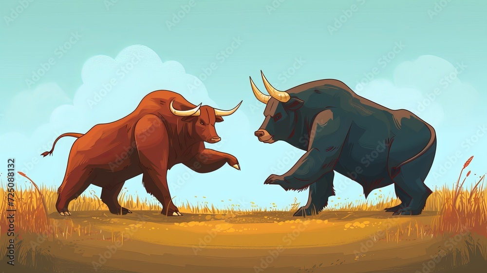 cartoon depicting a commercial deal between a bull and a bear Stock ...