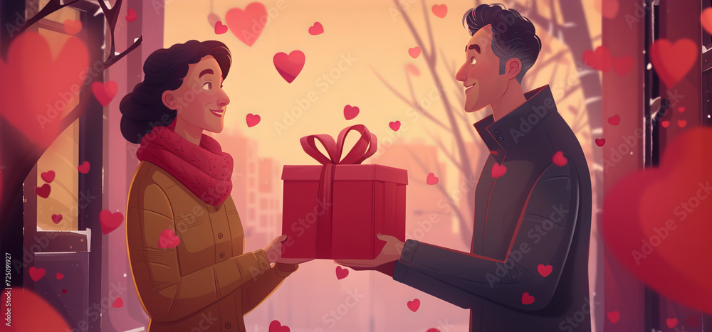 cartoon image. anime background. a man giving a gift to his wife on a ...