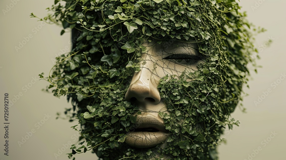In place of hair, a woman's face is covered in plants that grow ...