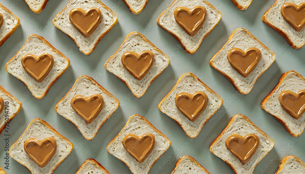 Geometrical pattern of toast with heart-shaped peanut butter, top view ...