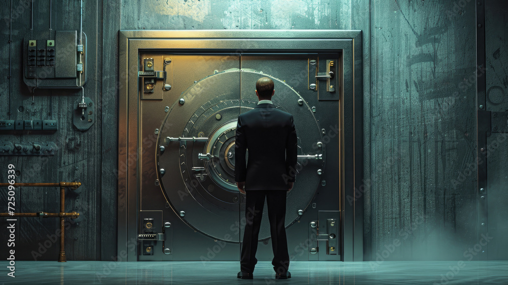 The banker stands in front of the iron door of the vault. Bank vault ...