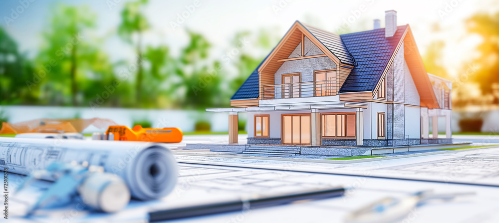 house under construction on blueprints, building project. building ...