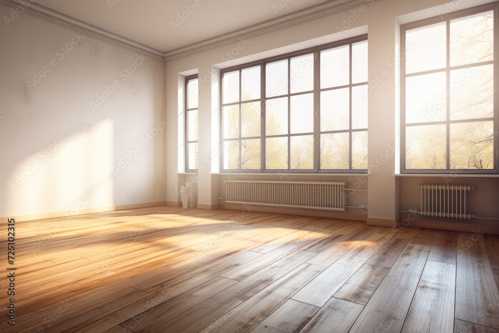 Interior, empty corner with four windows, light colored, glossy parquet ...