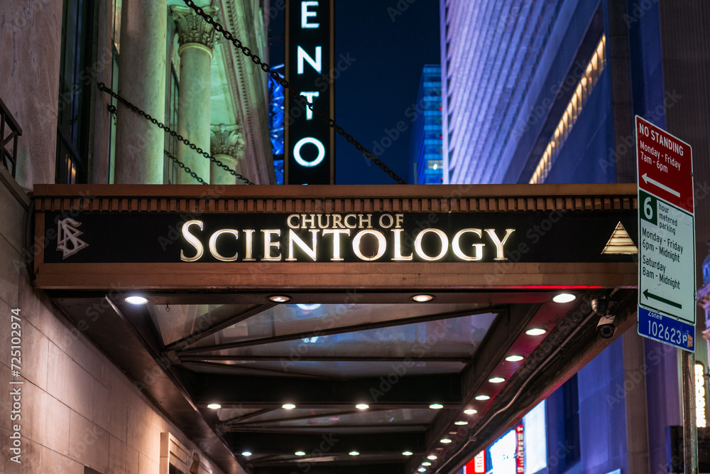 New York, USA - June 25 2023: Looking up to the entrance sign to the ...