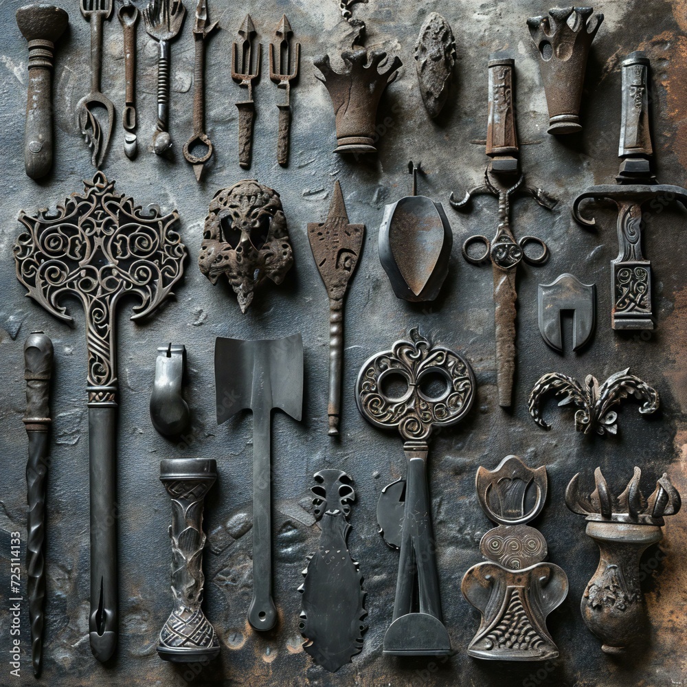 Ancient Artefacts Collection with Unique Metal Tools and Symbols Stock ...
