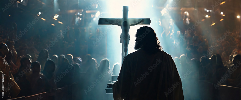 Jesus in a silhouette double exposure. In the background is the Crowd ...