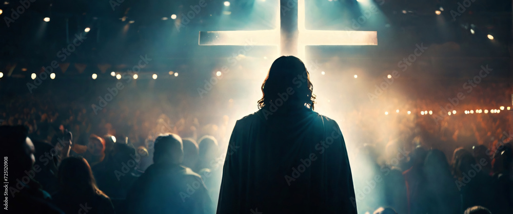 Jesus in a silhouette double exposure. In the background is the Crowd ...
