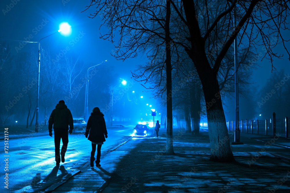 Man following woman in dark street, night, stalking, crime, mugger ...