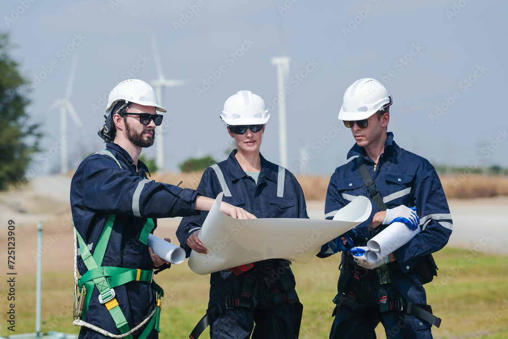 engineers working in fieldwork outdoor. Workers walking and inspect ...