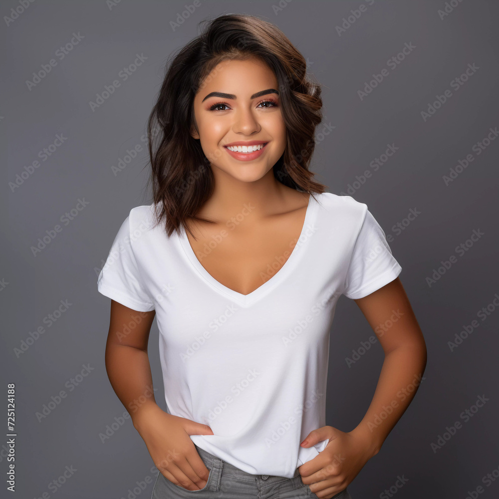 Mockup. Smiling Beautiful Latina Women with D Cup Bra Size Stock Photo | Adobe Stock