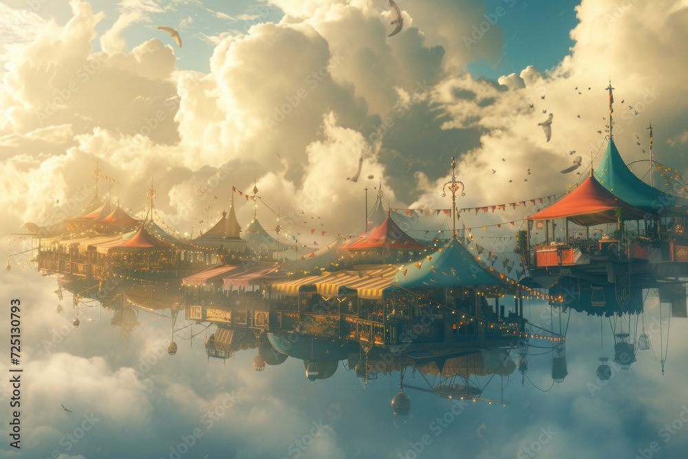 Fantasy floating marketplace, scene featuring a market floating in the ...