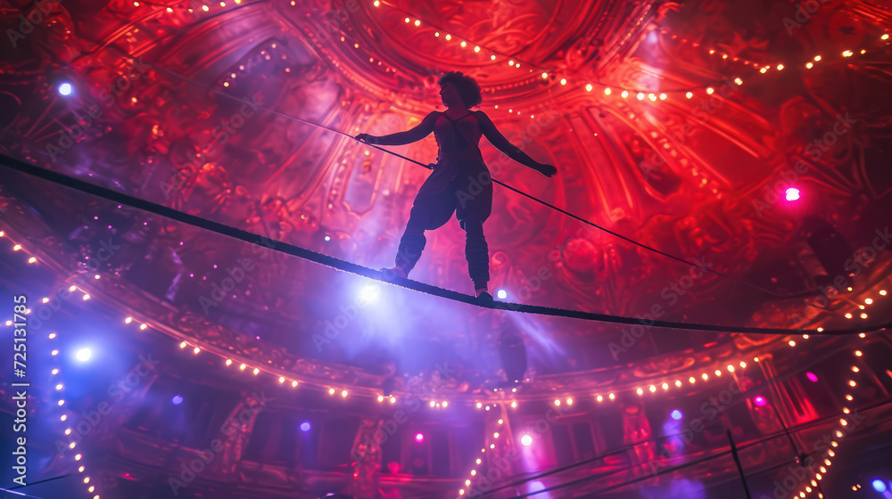 aerialist on a rope under the circus dome, trapeze, acrobat, gymnast ...