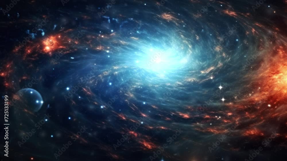 Rotating spiral galaxy. animation of flying through glowing nebulae ...