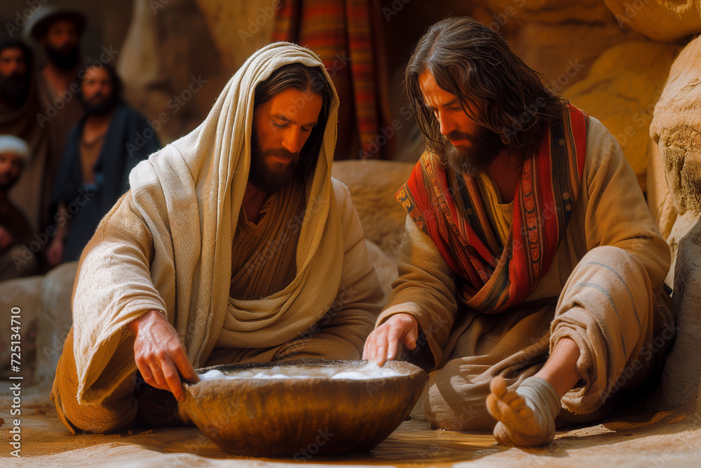 Jesus washing an apostle's feet, biblical scene of the Messiah washing ...