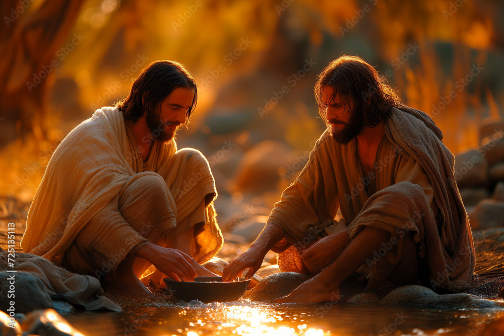 Jesus washing an apostle's feet, biblical scene of footwashing in a ...